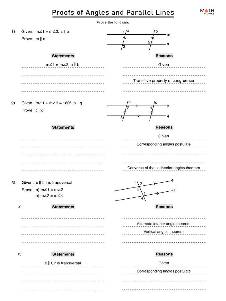 Parallel Lines and Angles Proofs Worksheet | PDF
