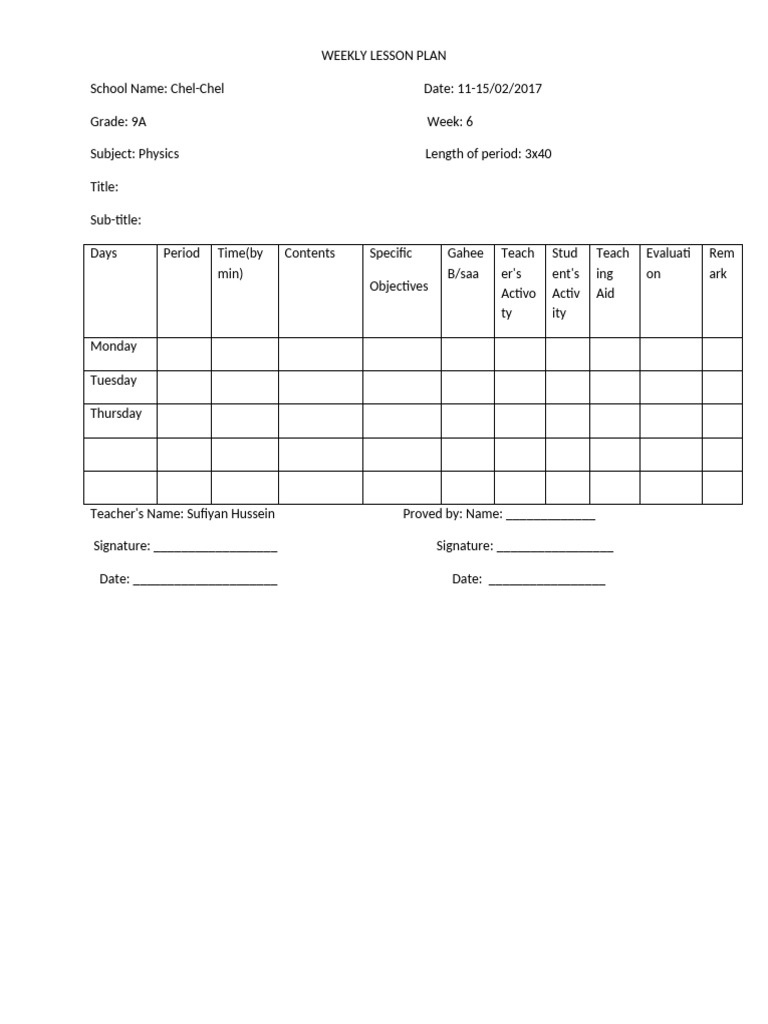 Weekly Lesson Plan | PDF
