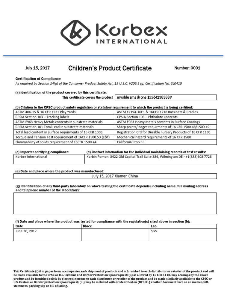 Korbex-CPC-Cribette-ASTM-Certification (2) | PDF