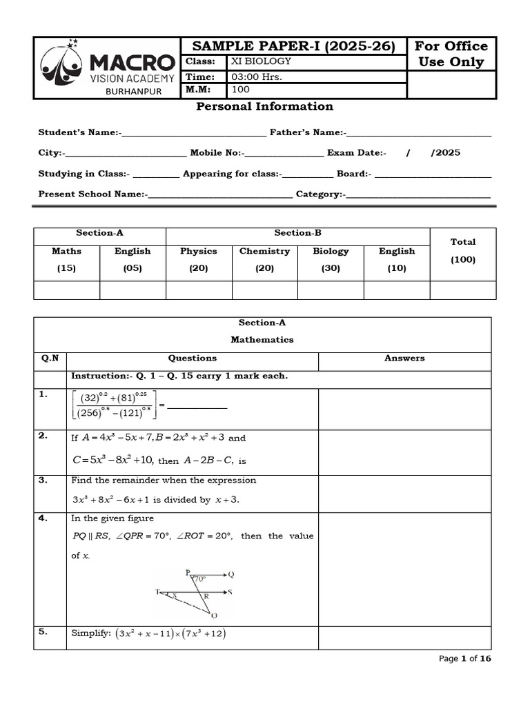 Class XI Biology Sample Paper 2025-26 | PDF | Mirror | Adolescence