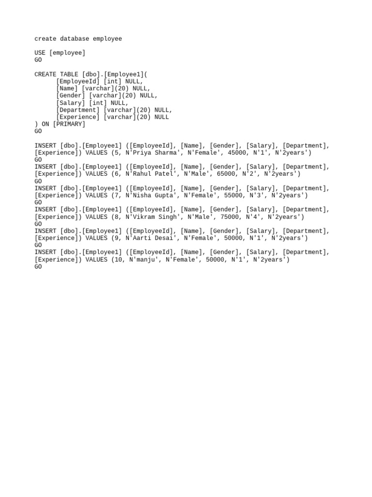 Employee Table Script For Project 1 | PDF