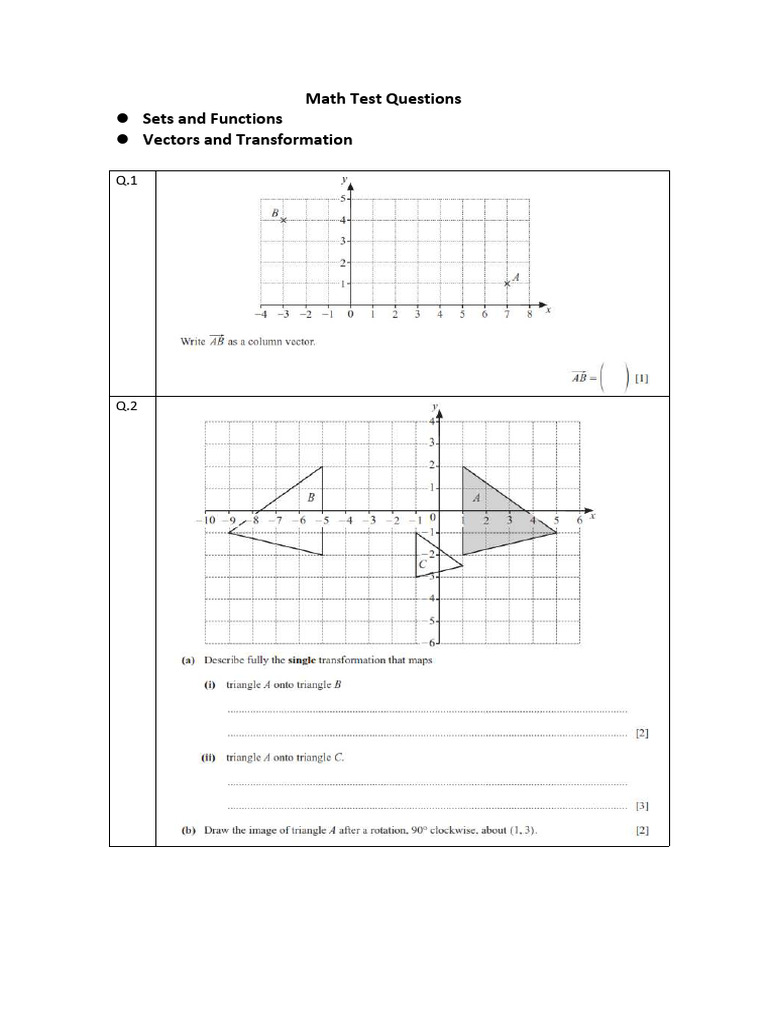 Math Test Questions sets functions vectors transformation | PDF