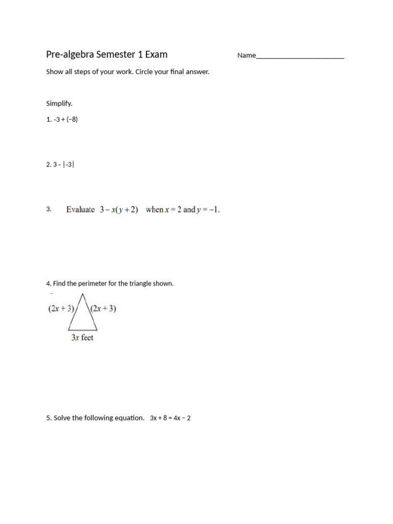 Pre-Algebra Semester 1 Exam | PDF