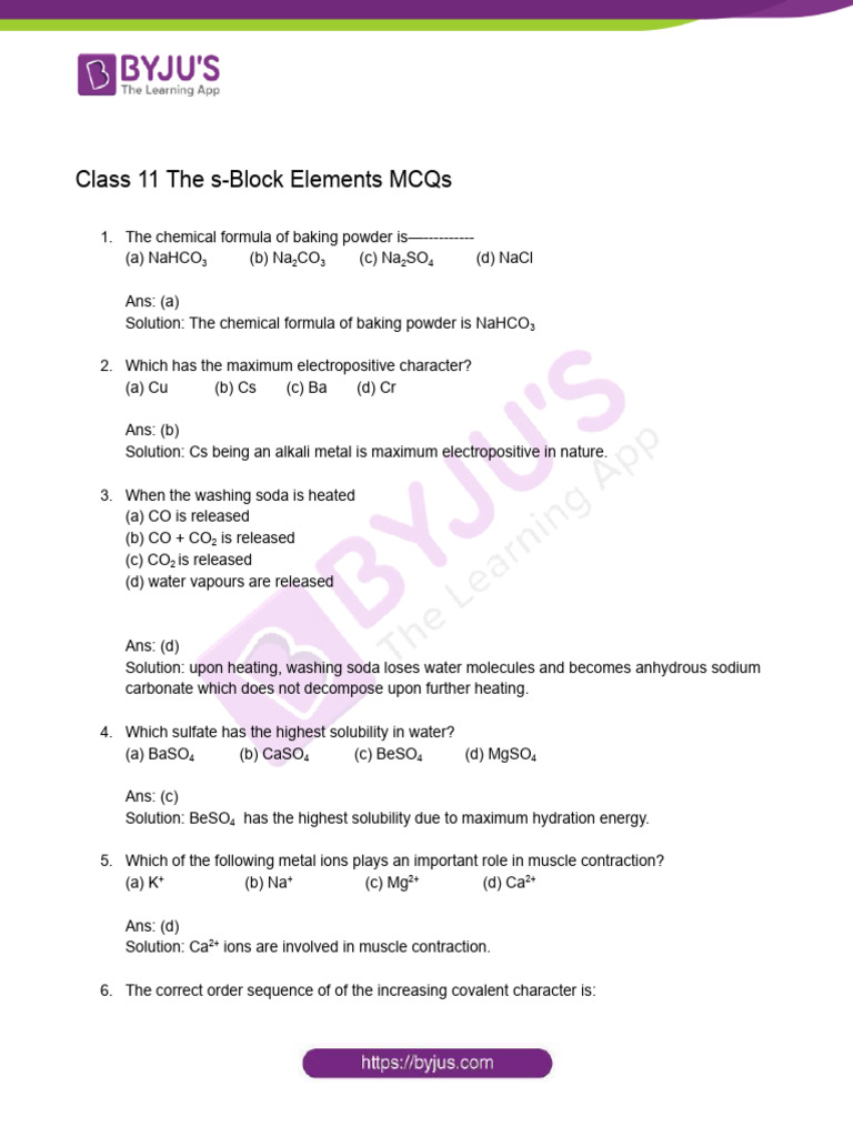 Chapter 10 The S Block Elements | PDF | Sodium Carbonate | Metallic ...