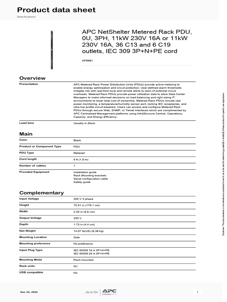 APC - NetShelter Metered Rack PDUs - AP8881 | PDF | Electrical ...