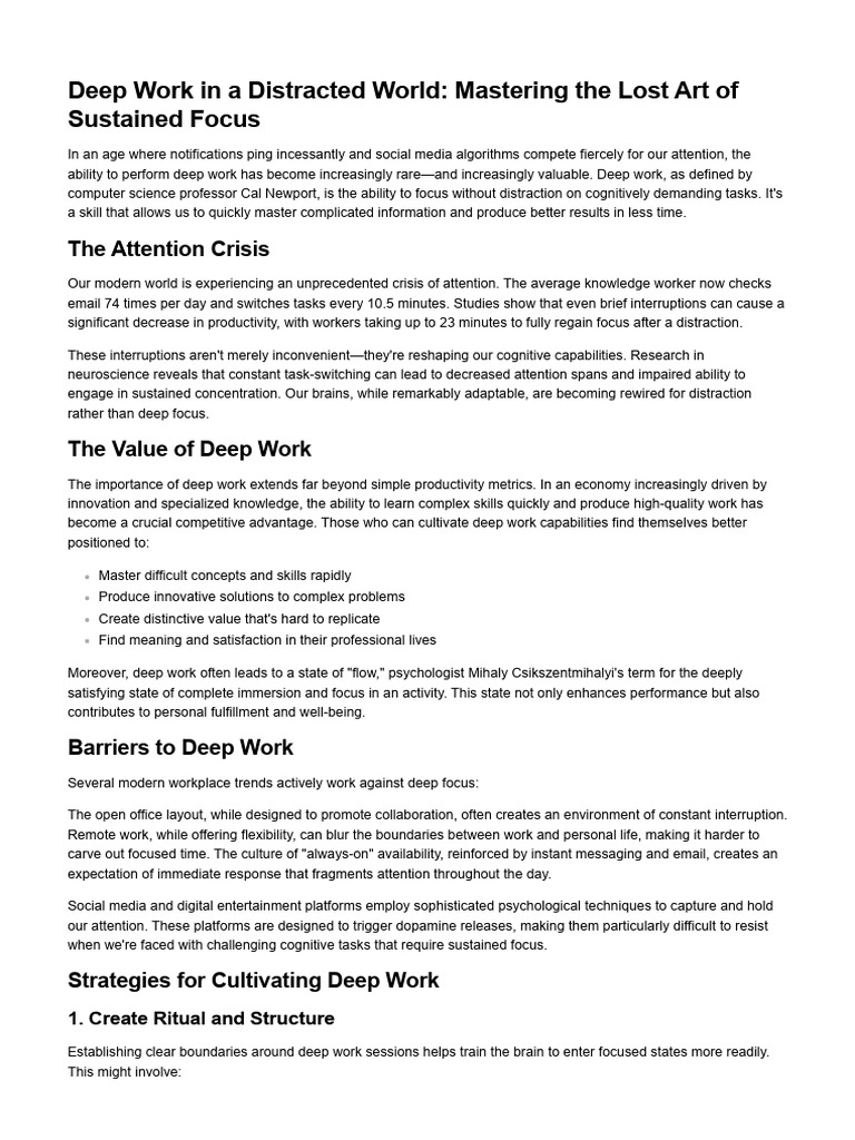 Deep Work in a Distracted World | PDF | Attention | Cognition