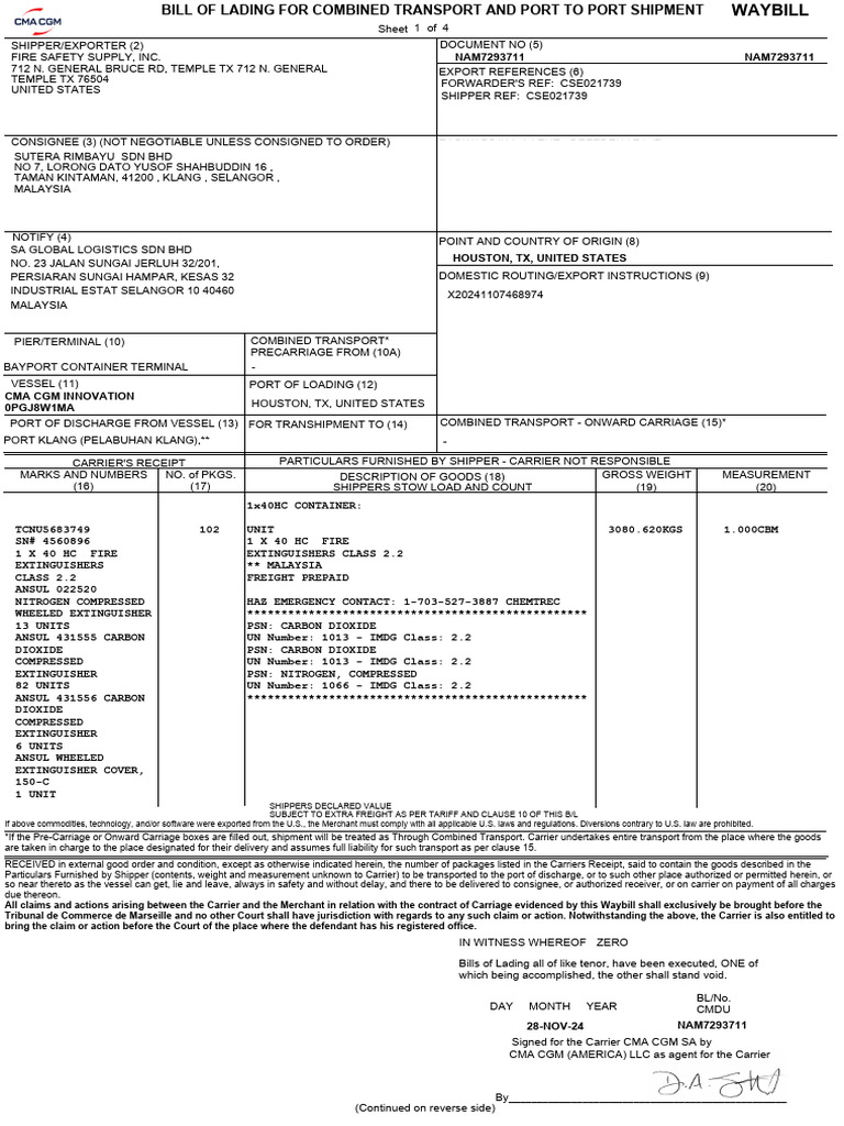 CMA CGM Waybill for Sutera Rimbayu | PDF | Bill Of Lading | Cargo