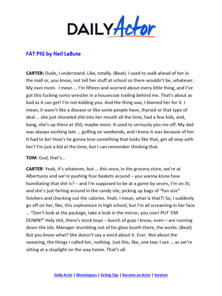 Neil LaBute's Fat Pig Monologue Analysis | PDF
