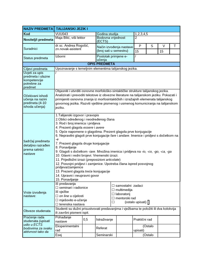 Talijanski Jezik 1,2,3,4 | PDF