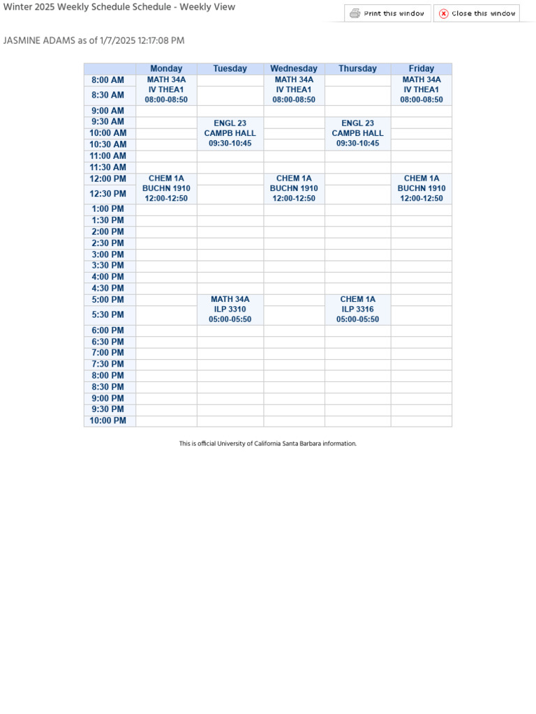 UCSB Winter 2025 Class Schedule | PDF