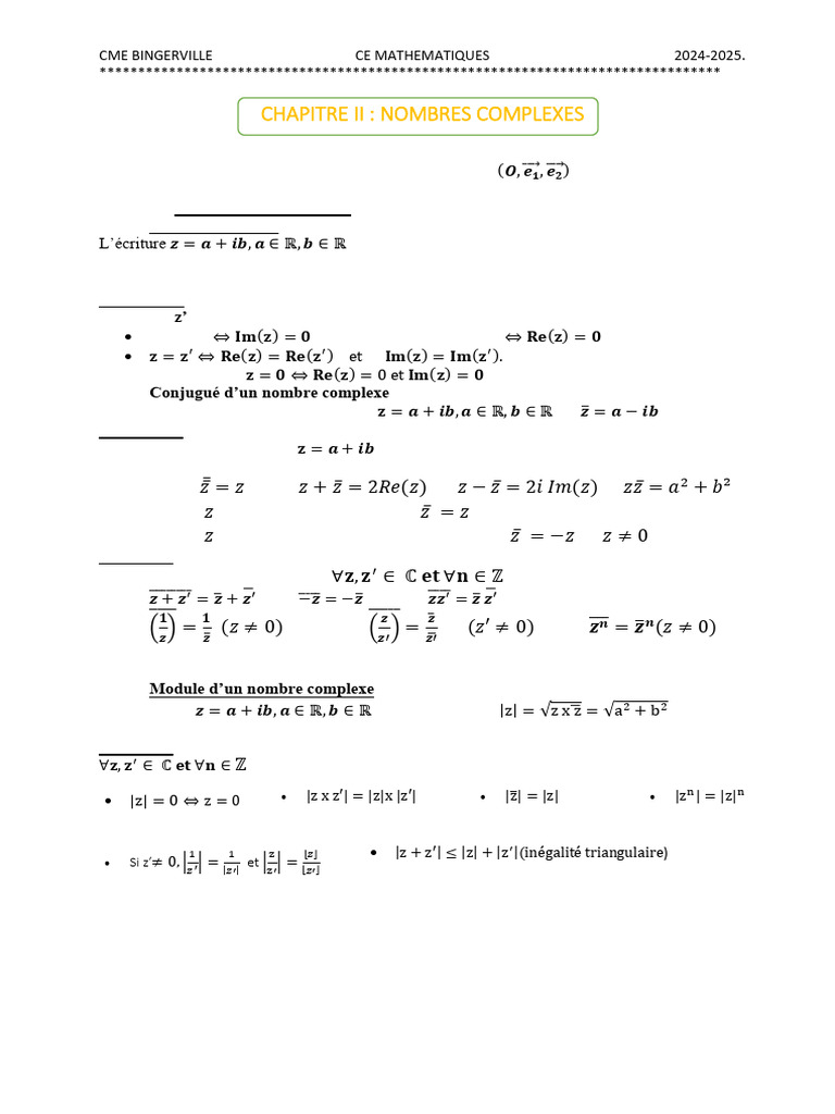 Cours Nombres Complexes 2024-2025 - 012016 | PDF | Nombre complexe | Mathématiques élémentaires