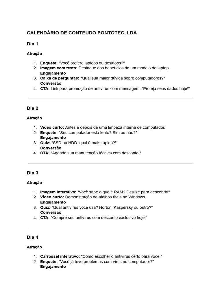 Calendário de Conteudo Pontotec, Lda | PDF | Microsoft Windows | PCs (computadores)
