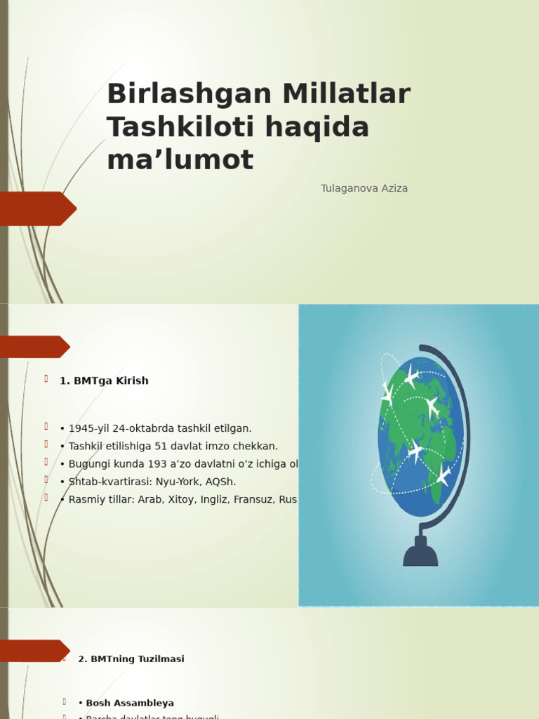 Birlashgan Millatlar Tashkiloti Haqida Ma'lumot: Tulaganova Aziza | PDF