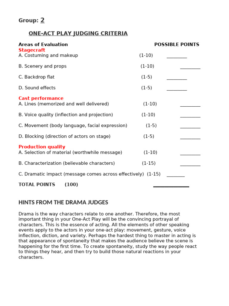 One-Act Play Judging Criteria Guide | PDF