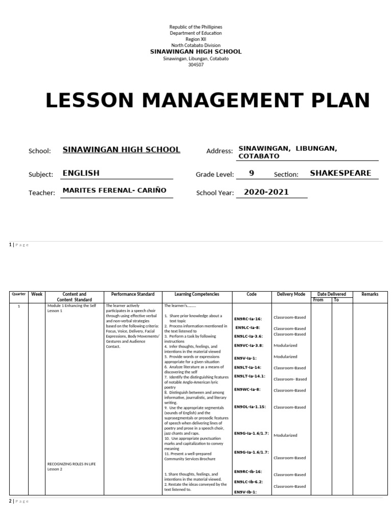 LESSON MANAGEMENT PLAN (LMP) 2020 | PDF | Poetry | Nonverbal Communication