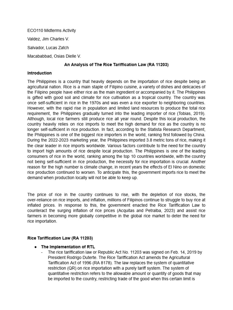 An Analysis of The Rice Tariffication Law (RA 11203) | PDF | Rice | Agriculture
