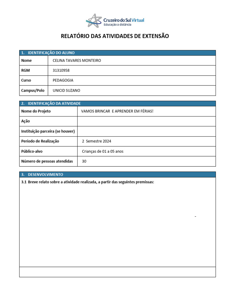 Relatório de Entrega de Atividades Extensionistas Celina | PDF ...