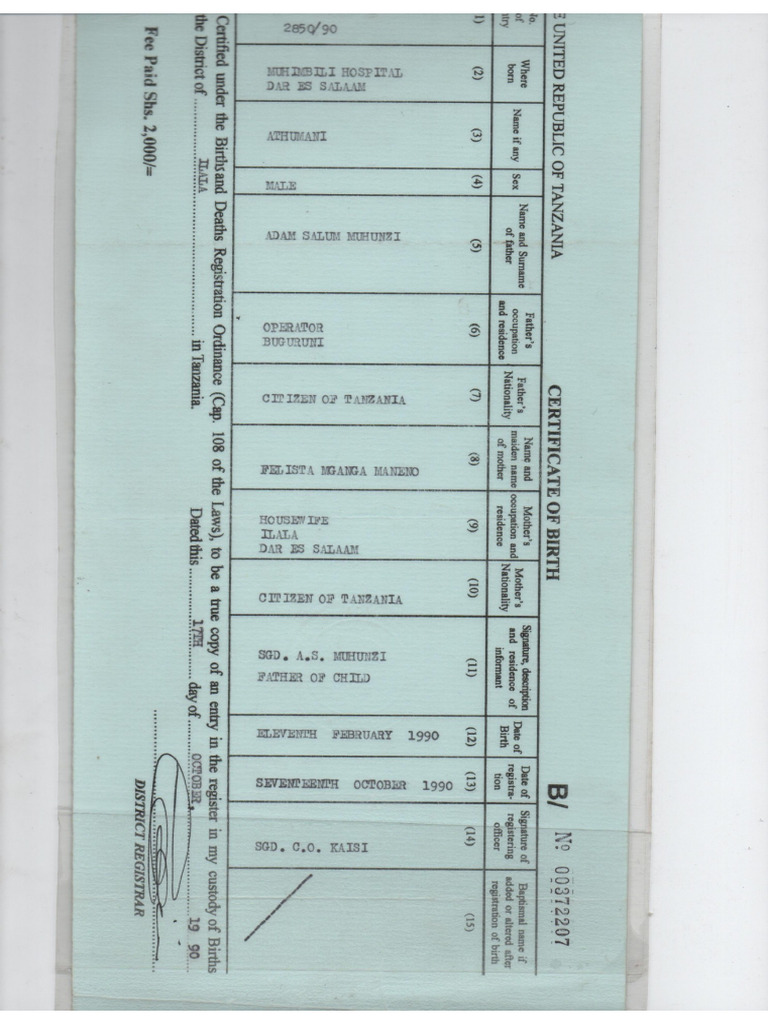 Old Version of Tanzania Birth Certificate | PDF