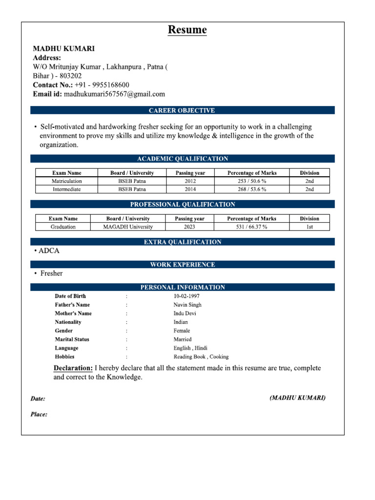 Madhu Kumari CV | PDF