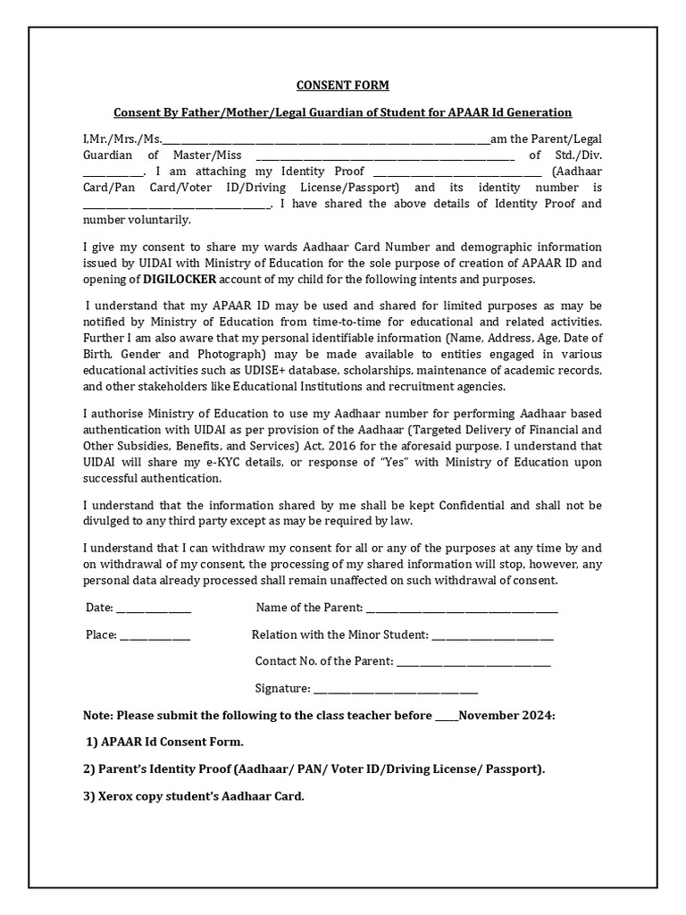 APAAR ID CONSENT FORM Aahil | PDF | Government And Personhood ...