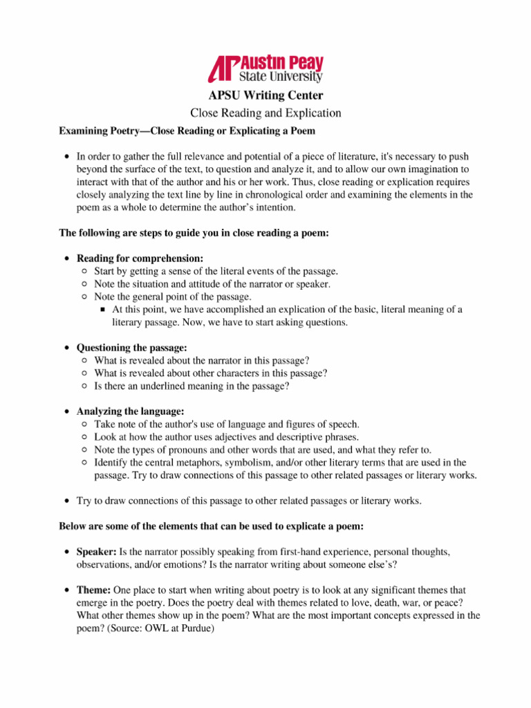 Close Reading and Explication Handout 2022 | PDF