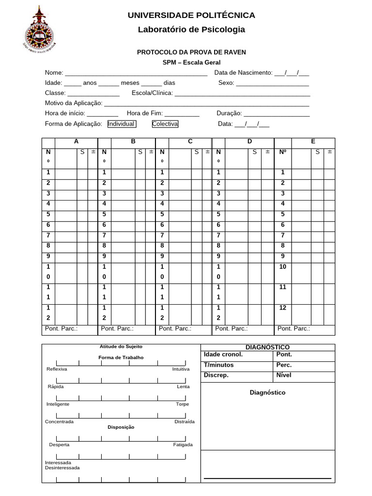 Protocolo Da Prova de Raven SPM | PDF | Psicologia