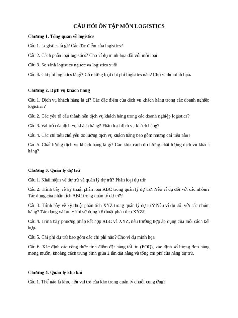 Câu Hỏi Ôn Tập Môn Logistics | PDF