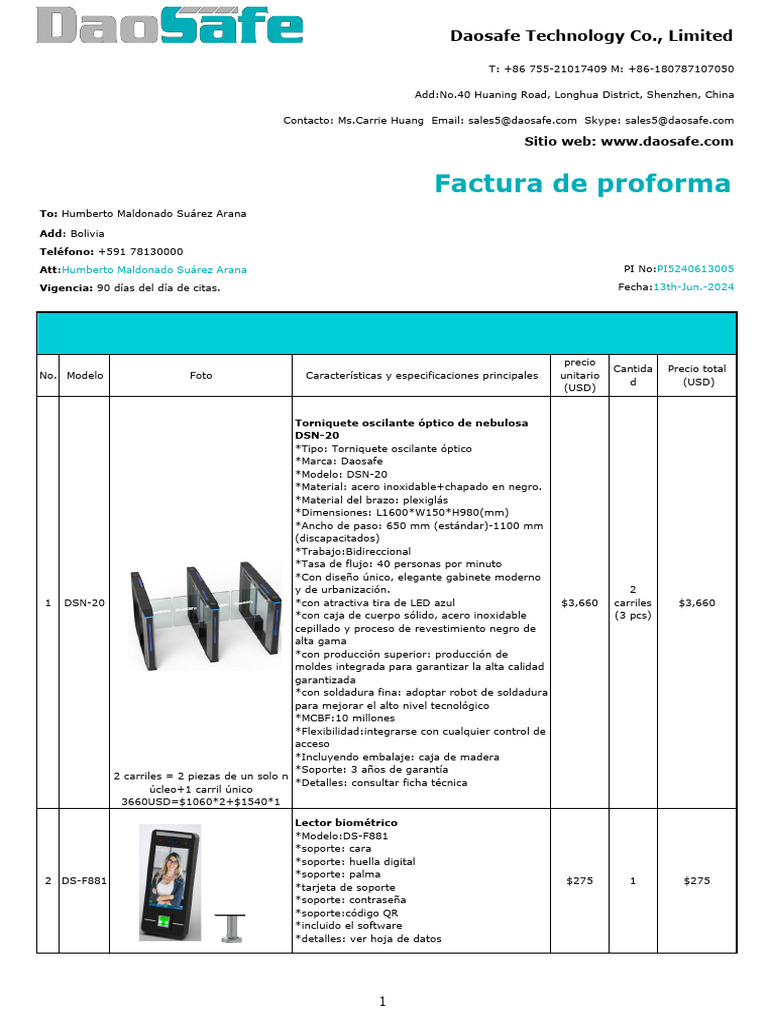 Daosafe Offer of DSN-20 Swing Turnstile | PDF | Informática