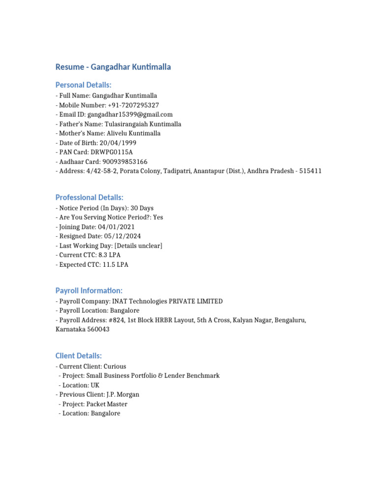Gangadhar Kuntimalla Resume | PDF