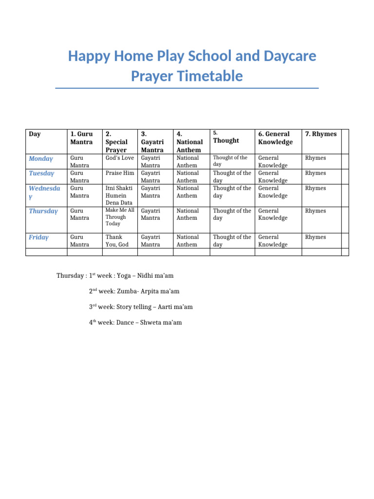 Prayer Timetable Happy Home Play School | PDF