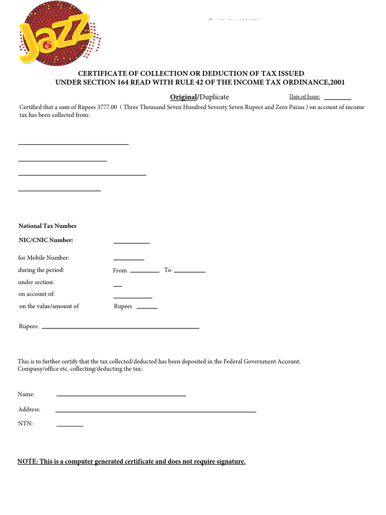 Tax Collection Certificate - Income Tax Ordinance | PDF