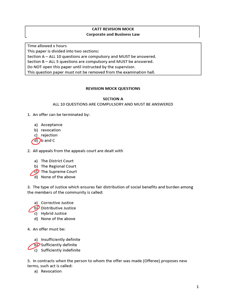 Catt Law Revision Mock Answers | PDF | Offer And Acceptance | Civil Law (Legal System)