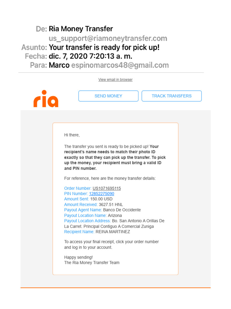 Ria Money Transfer Pickup Details | PDF