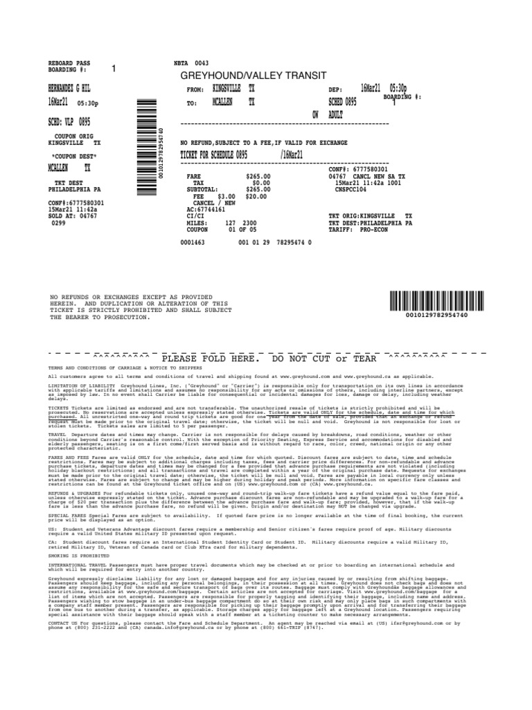Greyhound Ticket Purchase Confirmation and Itinerary (67775803) | PDF ...