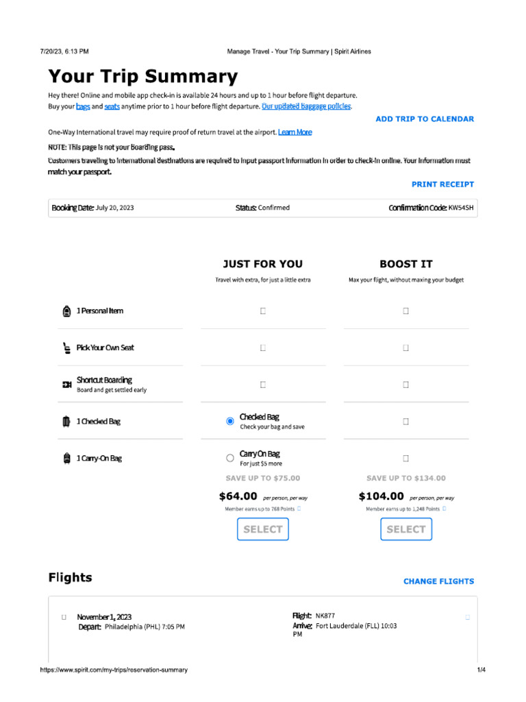 Spirit Airline E - Ticket Confirmation (KW54SH) | PDF