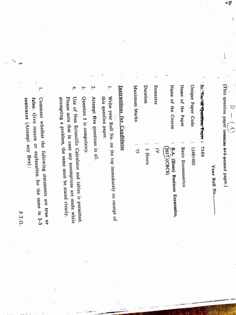 Basic Econometrics 2017 Question Paper With Solution Pdf