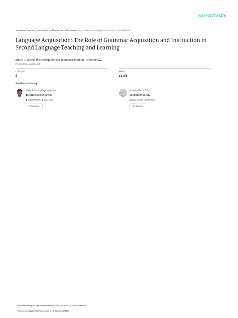 Language Acquisition: The Role of Grammar Acquisition and Instruction in Second Language ...