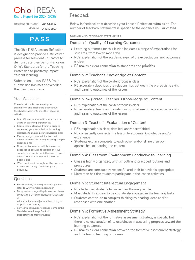 Ohio RESA Lesson Reflection 2024 2025 Score Report | PDF | Teachers ...