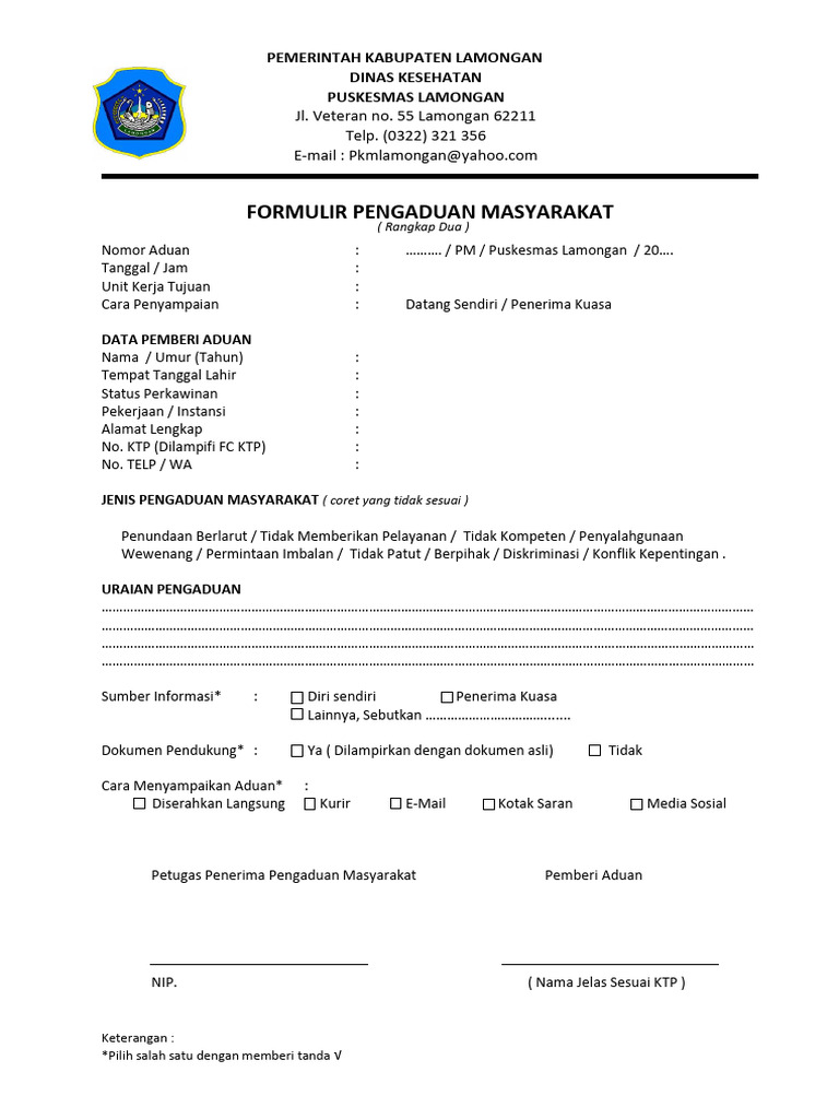Formulir Pengaduan Puskesmas Lamongan | PDF