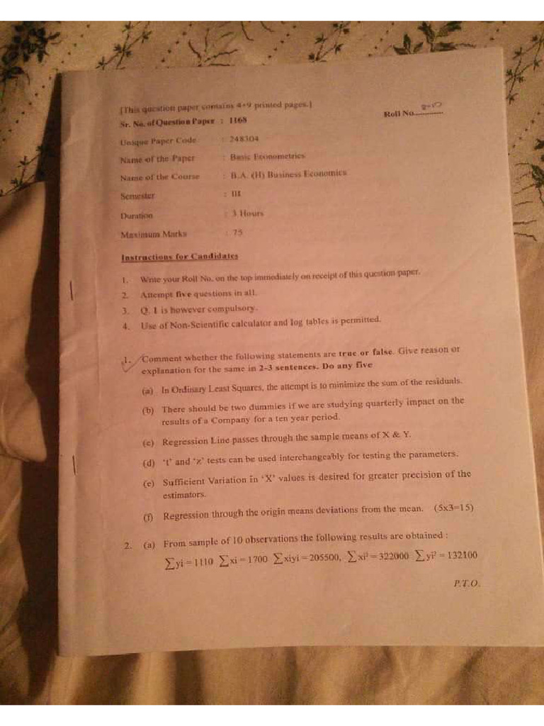 Basic Econometrics Question Paper 2012 | PDF