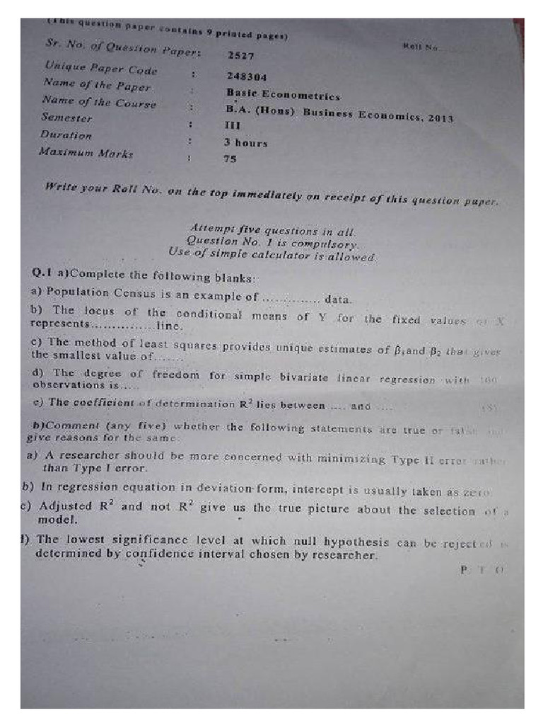 Basic Econometrics Question Paper 2013 | PDF