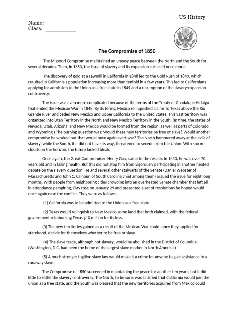 The Compromise of 1850 WS | PDF | Fugitive Slaves In The United States ...