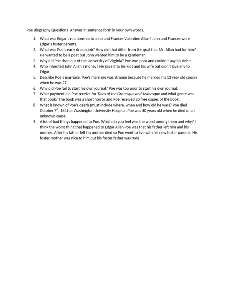 Poe Biography Questions | PDF
