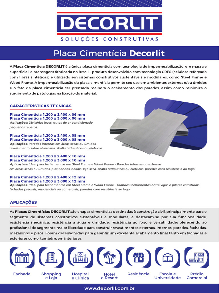 Folder Tecnico Placa Cimenticia Decorlit | PDF | Parafuso | Cimento