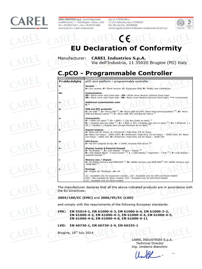 Declaration For Carel C.pCO Programmable Controller | PDF | Usb | Electronics