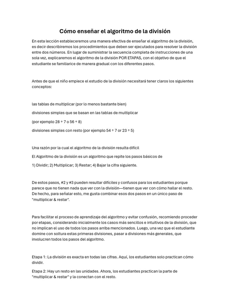 Cómo enseñar el algoritmo de la división | PDF | División (Matemáticas) | Matemática Elemental