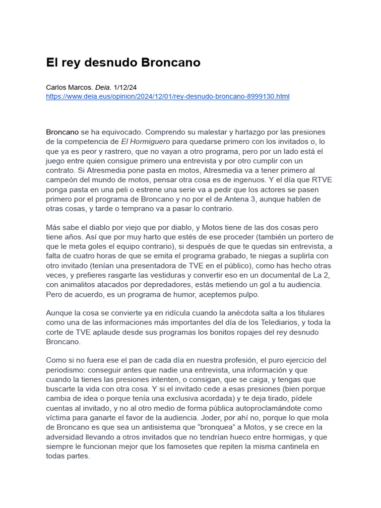 El rey desnudo Broncano Carlos Marcos | PDF | Red de televisión