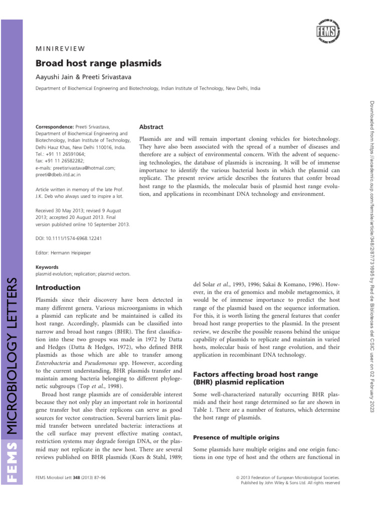 Jain 2013 (Broad-Host-Range Plasmids) | PDF | Plasmid | Molecular Cloning