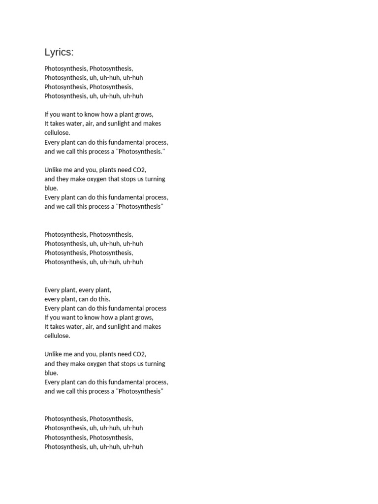 Photosynthesis Song Lyrics | PDF