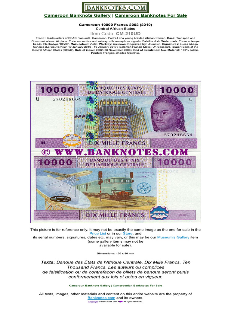 Cameroon 10000 Francs 2002 - Cameroonian Currency Bank Notes, African ...